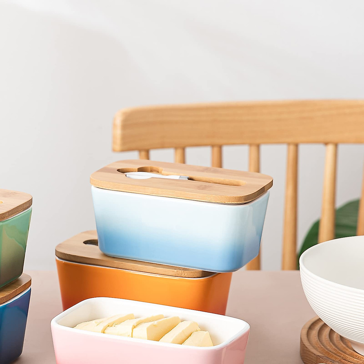 Porcelain Butter Dish with Knife & Wooden Lid, Candiicap Airtight Butter Keeper for Countertop, Large Butter Holder for East West Coast Butter(Matte Pink)