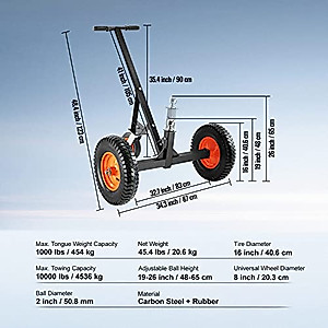 VEVOR Adjustable Trailer Dolly, 1000lbs Tongue Weight Capacity, Carbon Steel Trailer Mover with 19''-26'' Adjustable Height & 2'' Ball, 16'' Pneumatic Tires & Universal Wheel, for Moving RV Trailer