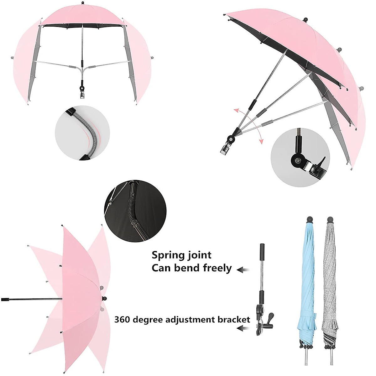 Upwsma Portable folding sun umbrella, beach umbrella with universal clamp, SPF 50+ adjustable umbrella for strollers, beach chairs, wheelchairs (Large- Blue)