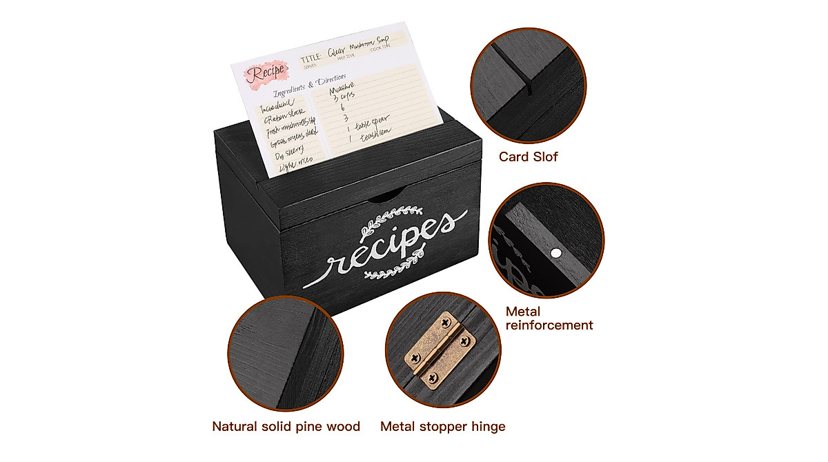 Wooden Recipe Card Box Set - Rustic Kitchen Organizer with Cards