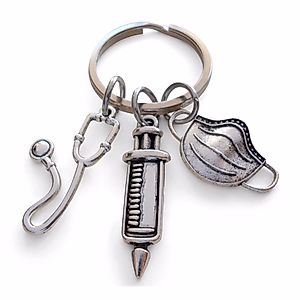 JewelryEveryday Small Stethoscope, Syringe, & Face Mask Charm Keychain, Medical Professional Charm Keychain, Nurse Appreciation Keychain