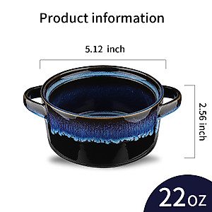 KOOV Porcelain Soup Bowls With Handles Microwave Safe, Soup Bowls Large, 24 Ounce for Soup, Cereal, Stew, French Onion Soup Bowls, Reactive Glaze Set of 4 (Nebula Blue)