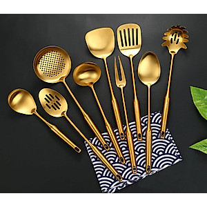 Gold Kitchen Utensils Set, Standcn 9 PCS 304 Stainless Steel All Metal Cooking Tools with Meat Fork, Solid Spoon, Slotted Spoon, Spatula, Ladle, Skimmer, Slotted Spatula, Spaghetti Server, Large Spoon