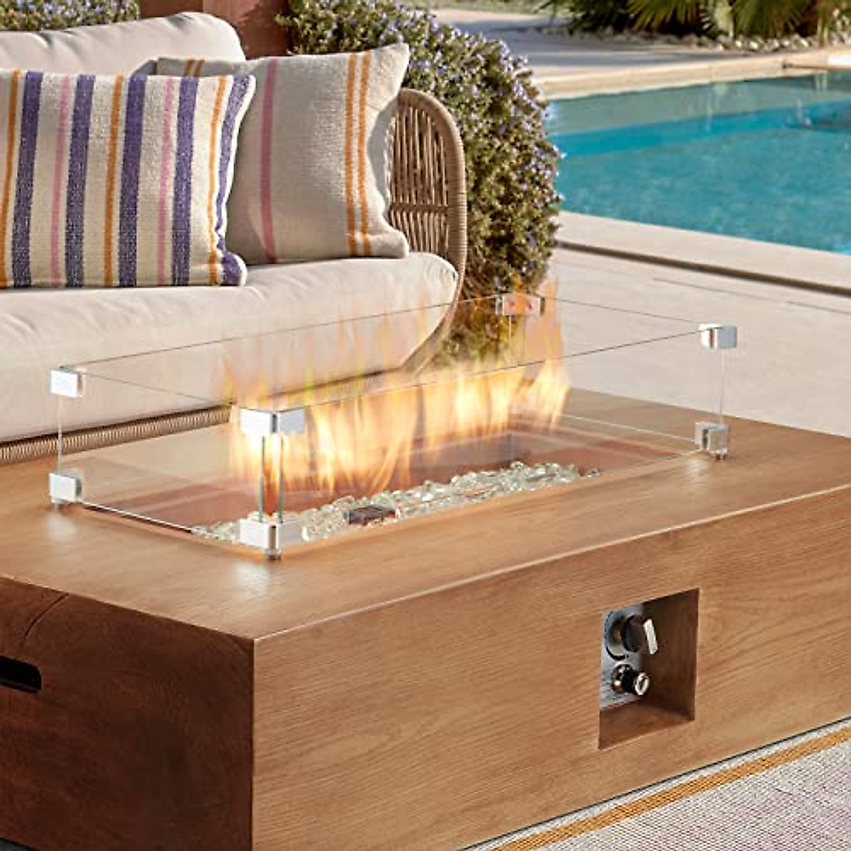 ECOTOUGE Fire Pit Wind Guard for Fire Table, 30.7” x13” x4.7” Clear Tempered Glass Flame Guard with Hard Aluminum Corner Bracket & Rubber Feet