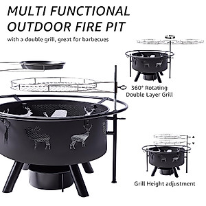 NATURAL EXPRESSIONS 32 Inch Large Fire Pit with 2 Grills, Outdoor Wood Burning Fire Pit with Cooking Grate, Lid, Poker and Round Waterproof Cover for Patio, Ourside, Bonfires, Picnic, Party.