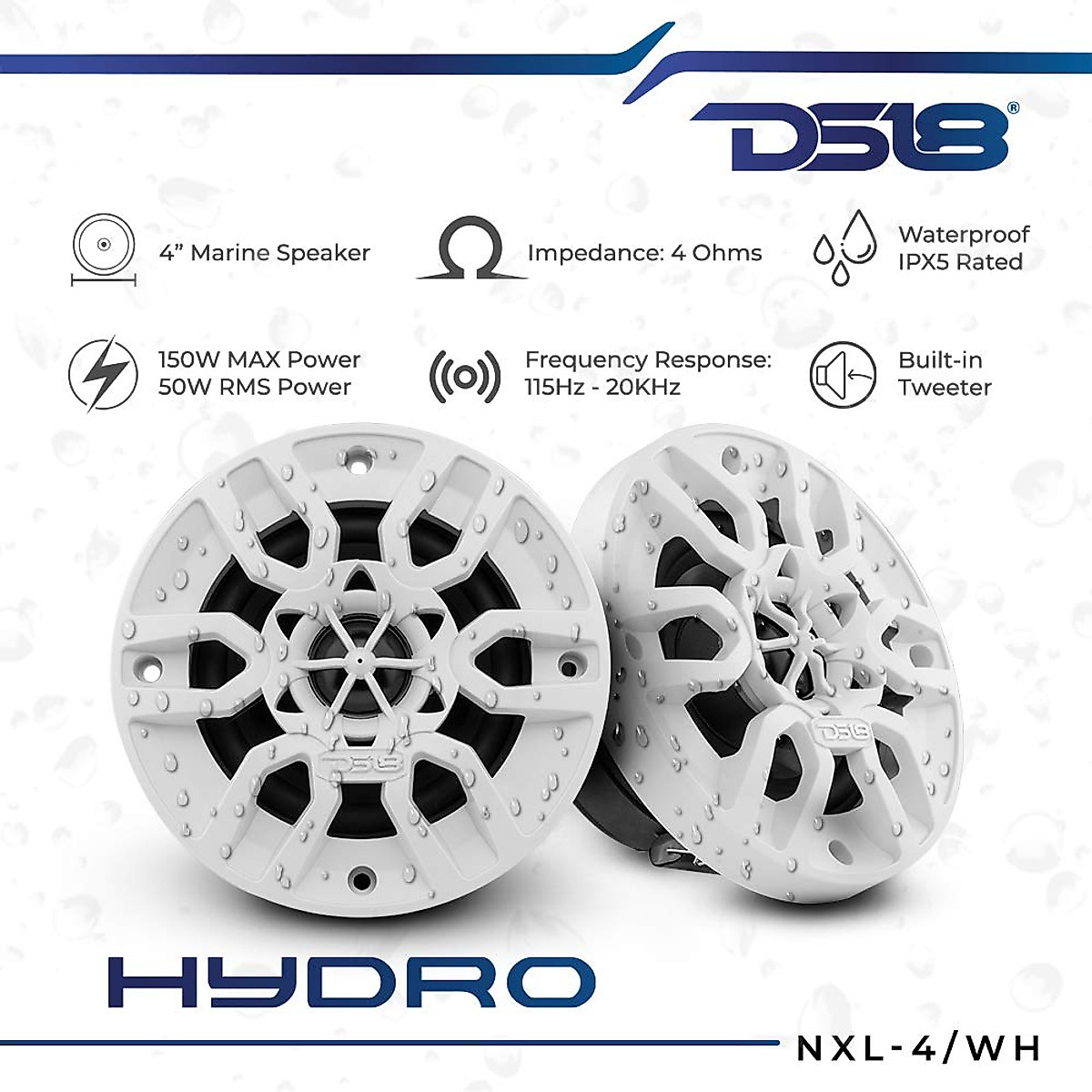 DS18 MP4/WH White Marine Speaker - 4", 2-Way, 150W Max, 100% UV Stable, IPX5 Marine, 4 Ohms - for All Elements, UTV, ATV & Jeeps (2 Speakers)