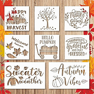 8 PCS Fall Autumn Stencils for Painting on Wood Wall, Fall Theme Pattern Templates for DIY Home Fall Farmhouse Decorations, Paint Wood Signs, Reusable Plastic Stencil