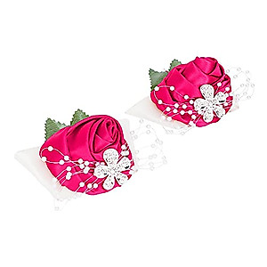 ZHDOKA 2Pcs Wrist Flower, Bridesmaid Wrist Corsage Wristlet Beautiful Wedding Hand Flower with Artificial Rose Flower, Bride Band Braceletfor Women Wedding Prom(Rose Red)