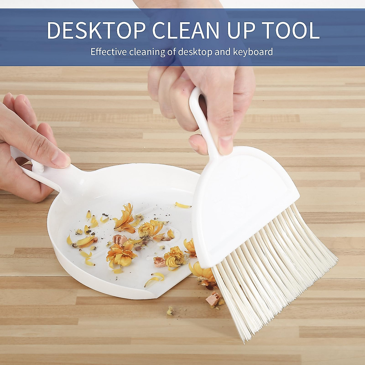 Broom with Dustpan Combo Set, 2 in 1 Broom and Dustpan Set with Long Handle, Upright 180° Rotating Broom with Brush and Lightwight Dust Pans for Home Kitchen Room Office Lobby Floor Cleaning，White