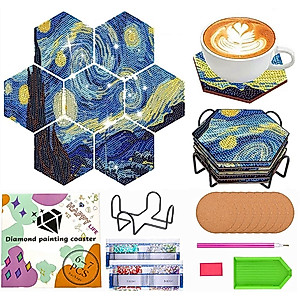 Diamond Painting Kits Coasters Starry Night, 7 PCS Diamond Art Hexagonal Coasters with Holder, Small Diamond Painting Kits for Adults Beginners