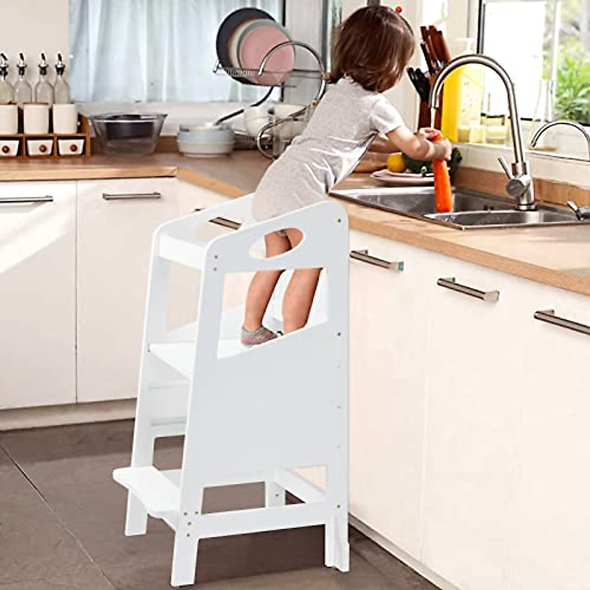 Toddler Kitchen Stool Helper, RONIPIC Toddler Standing Tower with Safety Rail, Kids Wooden Kitchen Step Stool, 3 Heights Adjustable Learning Tower for Kitchen Counter & Sink, Chalkboard, Anti-Slip