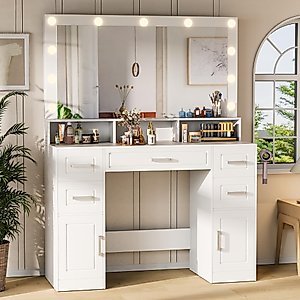 ISHARINGTIME 43.3" Vanity Desk with Large Lighted Mirror, Makeup Vanity with 5 Drawers & Power Outlet, 11 Lights, 3 Color Lighting Modes Adjustable Brightness, Dressing Table for Bedroom, White