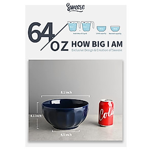 Sweese Porcelain Salad Bowls - 64 Ounce Large Soup Bowls - Serving Bowl for Cereal, Salad and Popcorn - Set of 1, Navy No. 133.103