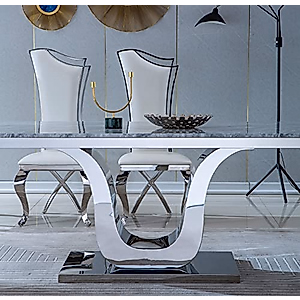 78'' Marble Dining Room Table for 6 or 8, Dining Table with Silver Stainless Steel "U" Shaped Pedestal, Rectangular Kitchen Table with 0.71'' Thick Gray Marble Tabletop, Mirror Finish Base(No Chairs)