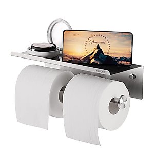 YUMORE Toilet Paper Holder, 304 Stainless Steel Bathroom Double Roll Tissue Holder with Shelf, Wall Mounted Washroom Dual TP Dispenser Storage, Flushable Wipes Dispenser, Brushed Nickel Finish