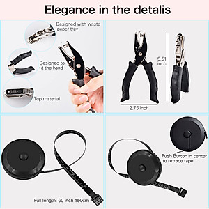 ChezMax Black Desk Accessory Kit Includes Stapler Staples Staple Remover Tape Dispenser Transparent Tape Scissors Push Pins Paper Clips Binder Clips Single Hole Punch Telescopic Knife Tape Measure