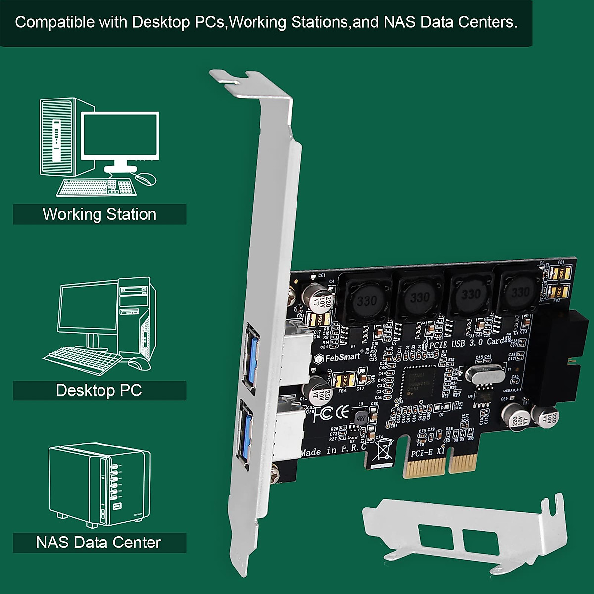 FebSmart 1X 19Pin USB 3.0 Header and 2X USB-A Ports PCIE USB 3.0 5Gbps Expansion Card for Windows and Linux Desktop PCs, Built in Self-Powered Technology, No Need Additional Power Supply (FS-HA-Pro)