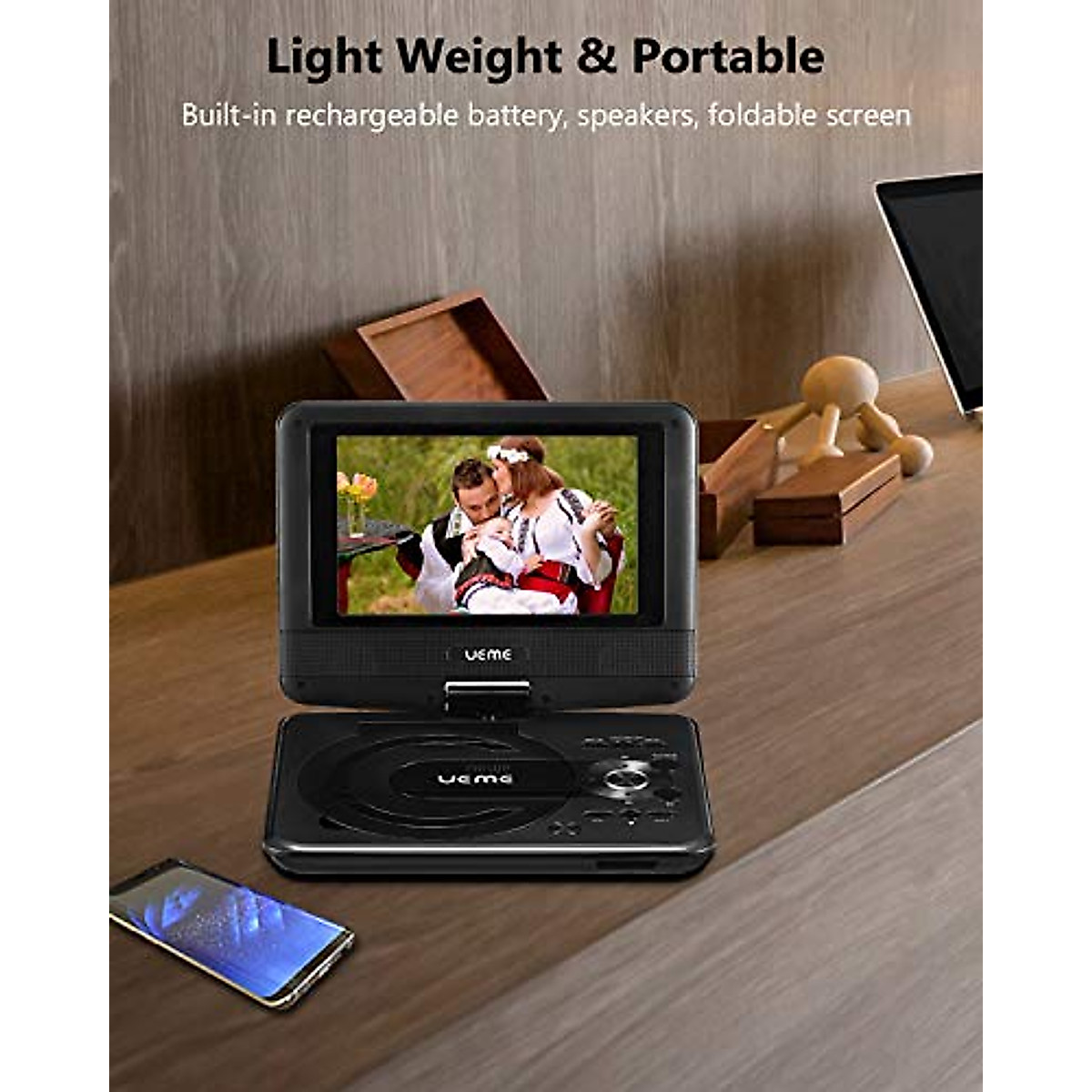 UEME Mini DVD Player for Kids with 7 inches Swivel Screen and Internal Rechargeable Battery, Support DVD CD USB SD Card, with Car Headrest Mount Holder, Region Free