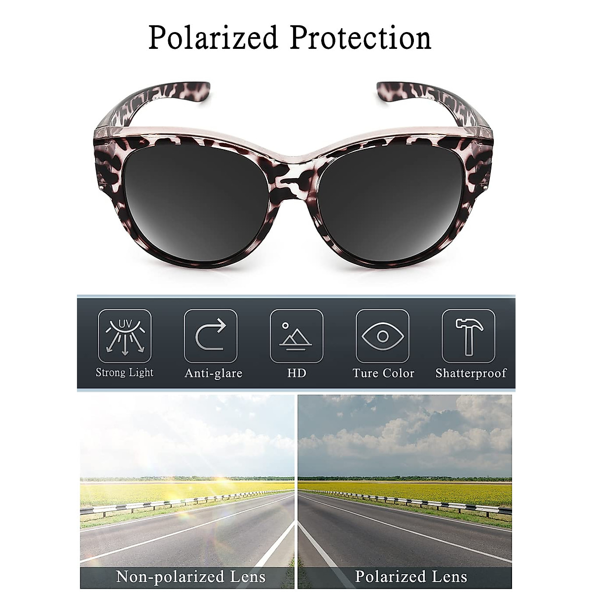 Leoidou Polarized Sunglasses Fit Over Glasses Over Glasses Trendy Round Cat Eye Wrap-around Sunglasses (Grey leopard, Black)