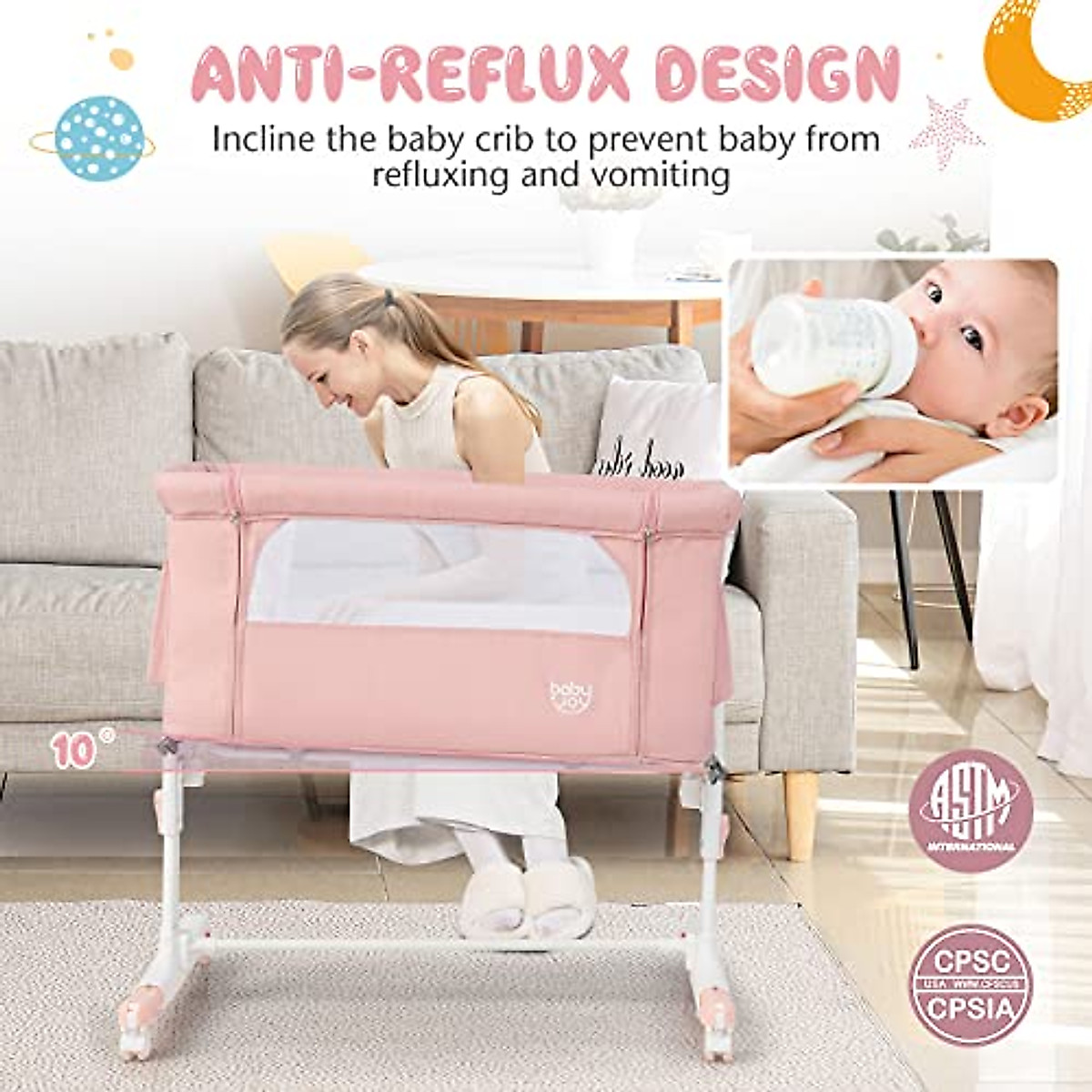 BABY JOY Bassinet Bedside Sleeper, 3 in 1 Folding Crib w/Adjustable Height, Mattress, Lockable Wheels, Storage Pocket & Carry Bag for Infant Newborn, Stationary & Rock, Portable Baby Bassinet (Pink)