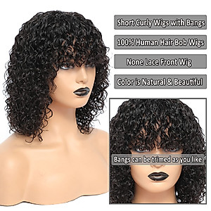 12" Short Curly Human Hair Wig with Bangs Curly Bob Wigs for Black Women Brazilian Human Virgin Hair Short Black Bob Wig with Bangs Human Hair Water Wave Wigs Glueless None Lace Wig Natural Color