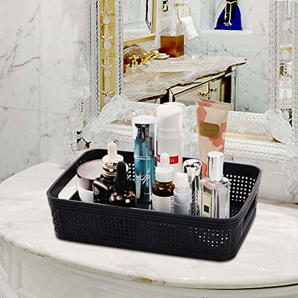 Frcctre 9 Pack Plastic Storage Baskets, Small Plastic Woven Storage Basket with Handles, Stackable Desktop Organizer Bins for Home, Kitchen, Pantry, Office, School, Classroom, 9.75"LX6.4"WX2.4"H