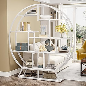Tribesigns Bookshelf, Round Bookshelves Etagere Bookcase, 63 Inch Wood Book Shelf with Staggered Shelves, Rustic Open Shelving Organizer Rack Display Shelf for Home Office, Living Room, White