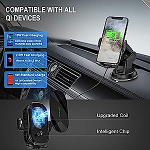 YITUMU Wireless Car Charger,15W Qi Fast Charging Auto-Clamping Car Phone Holder, Air Vent Windshield Dashboard Car Phone Mount,Long Arm Suction Cup Phone Holder for iPhone Samsung LG