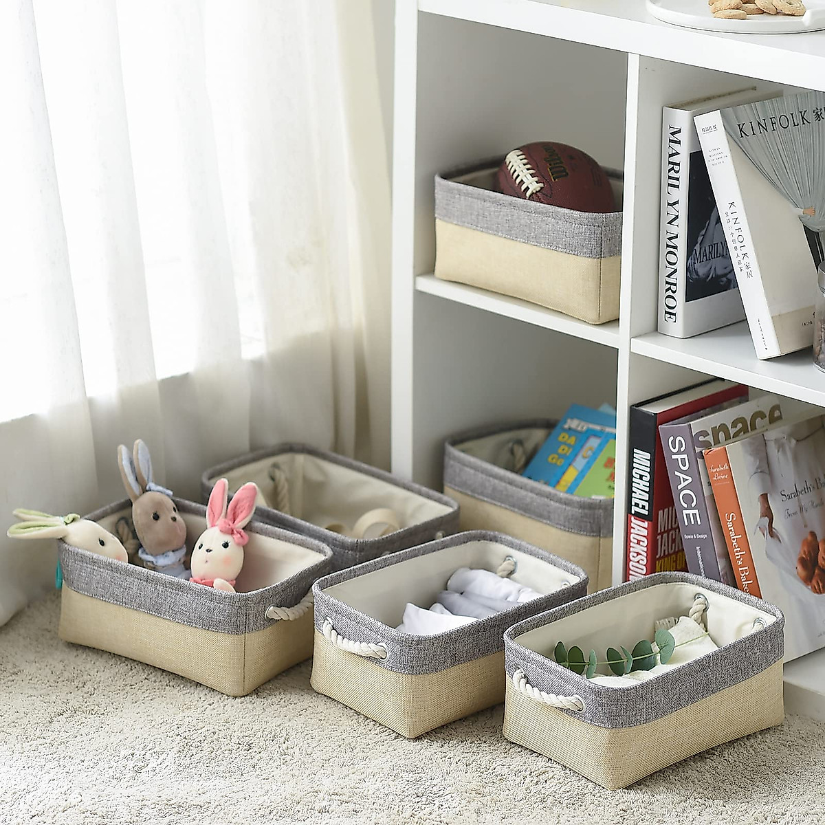 Jtirey Small Storage Baskets [10-Pack] Fabric Storage Bins 12"Lx 8"Wx 5"H Baskets for Shelves, Collapsible Clothes Baskets with Rope Handles for Organizing Dog Toys, Nursery Storage Basket (Grey&Gold)