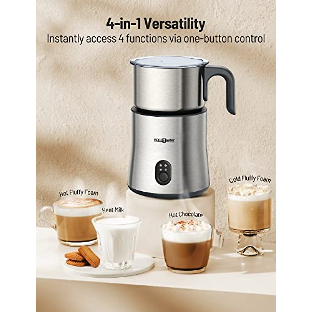 Paris Rhône Milk Frother and Steamer, 4 in 1 Detachable Milk Warmer, 500ML Hot Chocolate Maker and Electric Milk Heater, Food Grade Stainless Steel, Hot/Cold Foam Maker, Dishwasher Safe