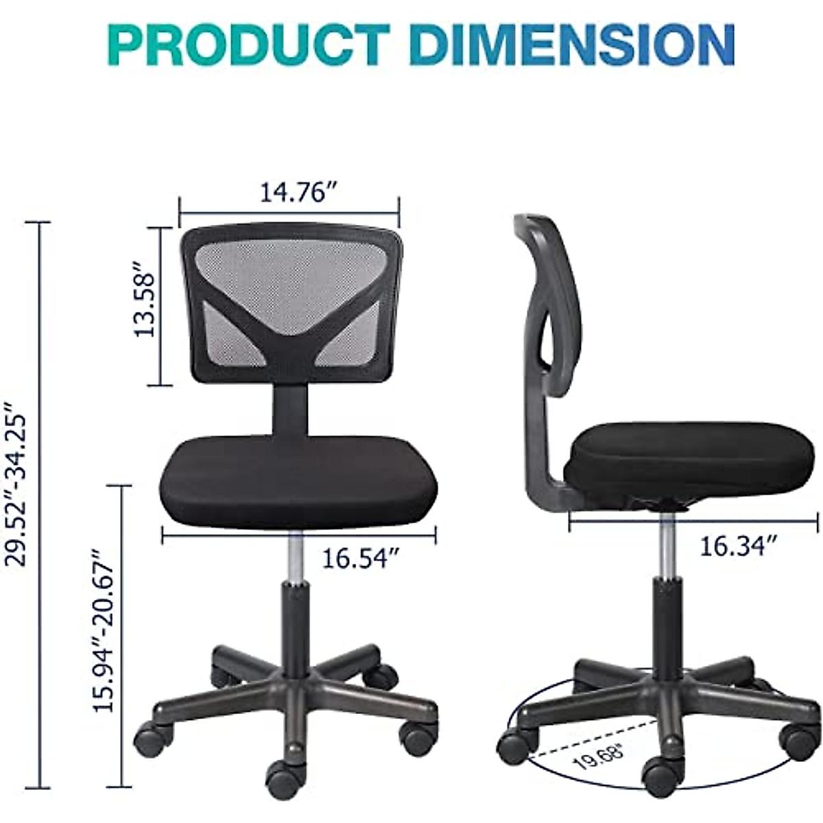 Ergonomic Home Office Desk Chair, Adjustable Armless Computer Chair with Lumbar Support, Small Mesh Task Chair with Backrest Swivel Rolling for Study, Office, Conference Room