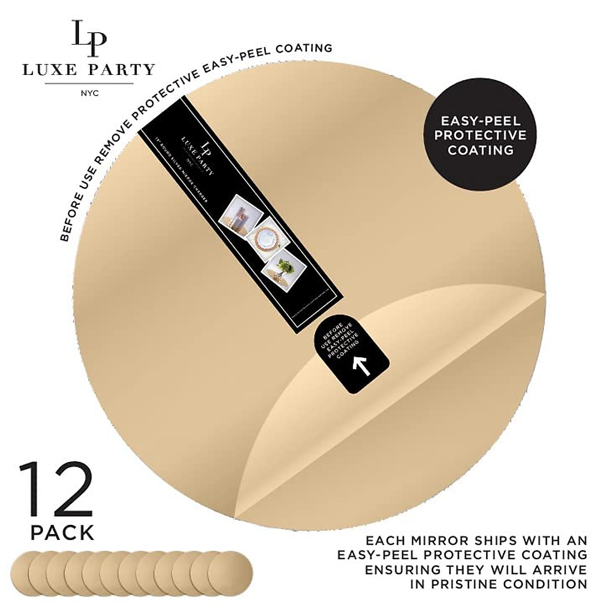 LUXE PARTY 12 Pack Round Mirror Charger Plate | Lightweight |Decorative Dinnerware | Dinner Party | Wedding | Events | Table Setting | Gold