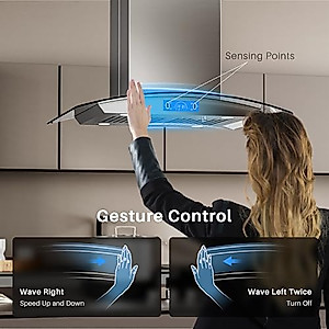 FIREGAS Island Range Hood 30 inch 700 CFM with Chimney, Ceiling Mount Kitchen Vent Hood with Tempered Glass, 4 LED Lights, Permanent Filters, Premium Touch Control Panel, Includes Charcoal Filter