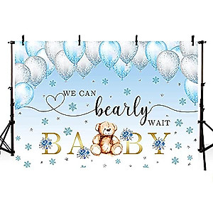 MEHOFOND 7x5ft Winter Snowflake Bear Boy Baby Shower Backdrop We Can Bearly Wait Bear Blue and Silver Balloons Photography Background Party Decor Cake Table Decor Banner Photo Booth