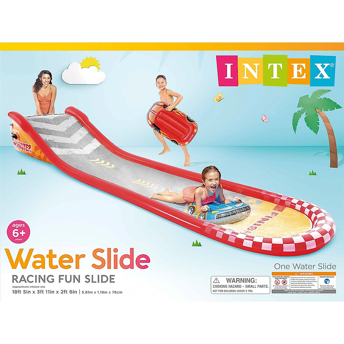 Intex 57167EP 18.5 Foot Long Inflatable Racing Fun Water Slide Track with 2 Surf Car Riders and Built-in Sprayer for Ages 6 and Up