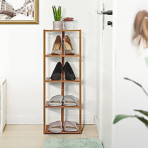 MoNiBloom 5 Tier Shoe Rack, Bamboo Narrow Single Pairs Shoe Storage Space Saving Ventilated Shoe Organizer for Small Spaces Corner Hallway Entryway, Brown