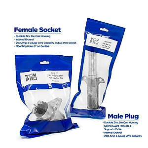 Pro Trucking Products 2 Way Wiring Connector Plug with Spring Guard, 200 Amp Capacity, 4 Gauge Cable and 2 Way Wiring Connector Socket, 200 Amp Capacity, 4 Gauge Cable