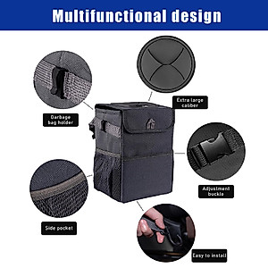 Kewucn Car Trash Can with Lid, Waterproof Mini Auto Garbage Can, Leak-Proof Vehicle Organizer and Storage Pockets, Hanging Collapsible Trash Bin, Universal Accessories for Most Cars (Gray)