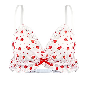 Paloli Women’s Cute Wirefree Lingerie Set, Strawberry Bikini Set Ruffle Trim Bra And Panty - 100% Cotton