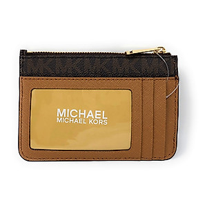 Michael Kors Jet Set Travel Small Top Zip Signature Leather Coin Pouch ID Card Case Wallet In Brown/Acorn