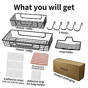 Htworg CR Shower Caddy Basket Shelf, 3-Pack No Drilling Adhesive Shower Organizer and Soap Holder for Inside Bathroom & Kitchen Storage, Black Rustproof Shower Shelves with Removable Hooks