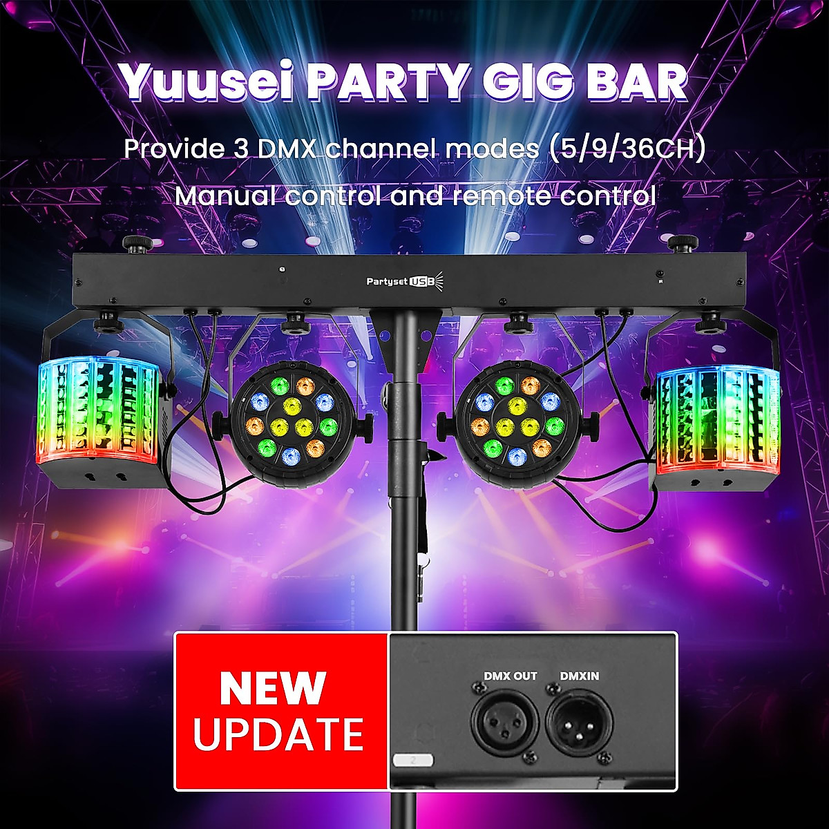 Yuusei DJ Lights with Stand, RGB Party Bar Light Set, Sound Activated Stage Lighting System, DMX and Remote Control, Portable Gig Bars Light with Stand and Bag