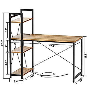 EKNITEY Computer Desk with Power Outlet Small Study Desk Writing Table and 4 Tier Storage Shelves for Home Office Workstation Wooden 47" (Light Walnut)