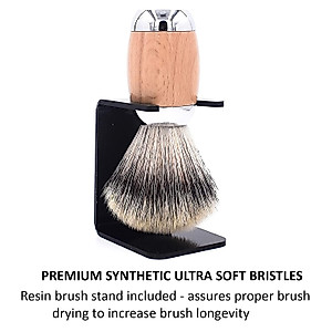 Taconic Shave's Synthetic Silvertip Luxury Shaving Brush – Deluxe Beechwood and Chrome Handle - Shaving Stand Included