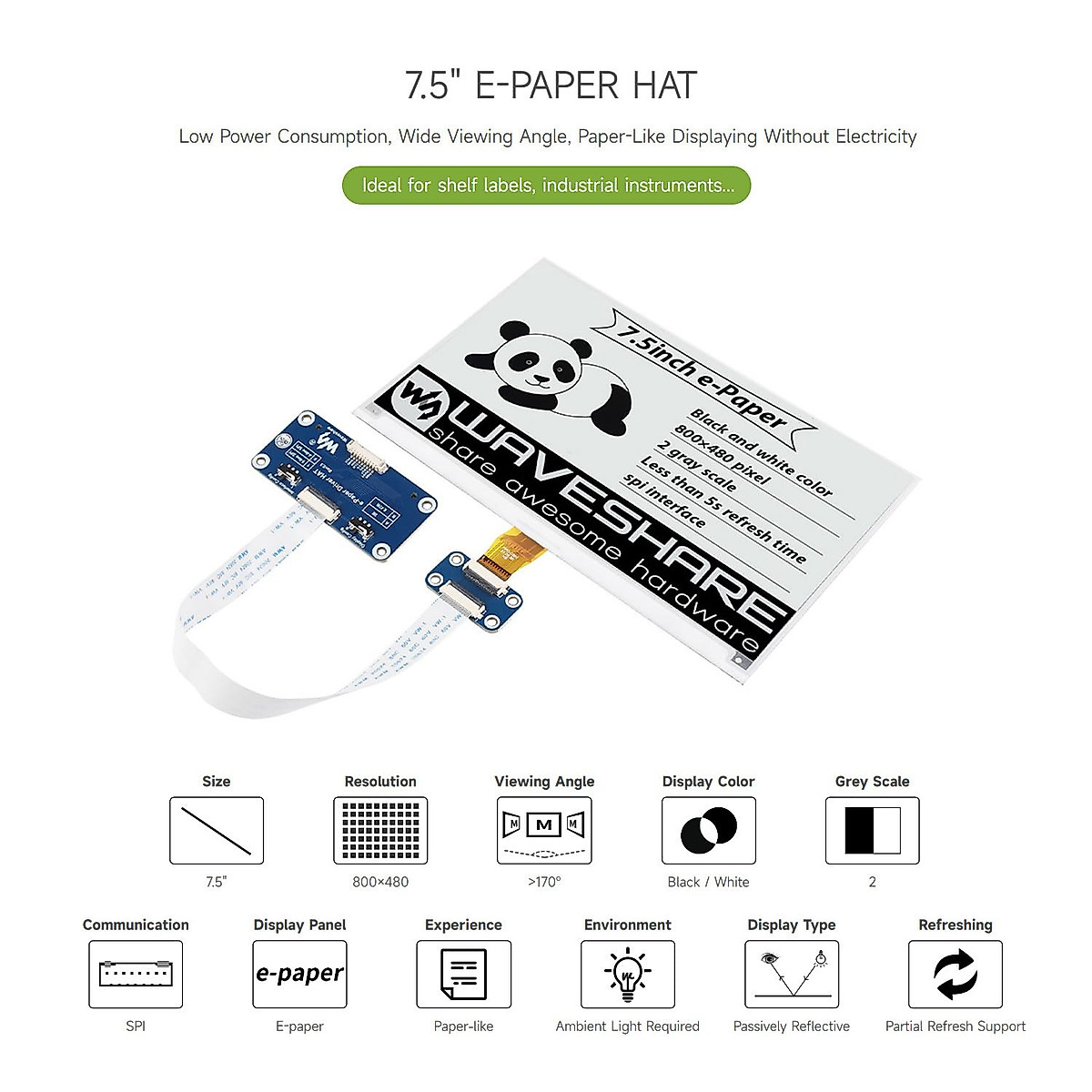 Waveshare 7.5inch E-Ink Display HAT Compatible with Raspberry Pi 5/4B/3B/Zero/Zero W/Zero 2W/Pico/Pico W/Pico WH, 800×480 Resolution SPI Interface