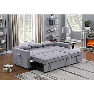 Favfurish 80'' L-Shape Convertible Sleeper Sectional Sofa with Pull-Out Recliner and Bed, Side Pocket, Linen Corner 3 Person Couch for Home Furniture, Living Room, Apartment, Dorm, Light Grey