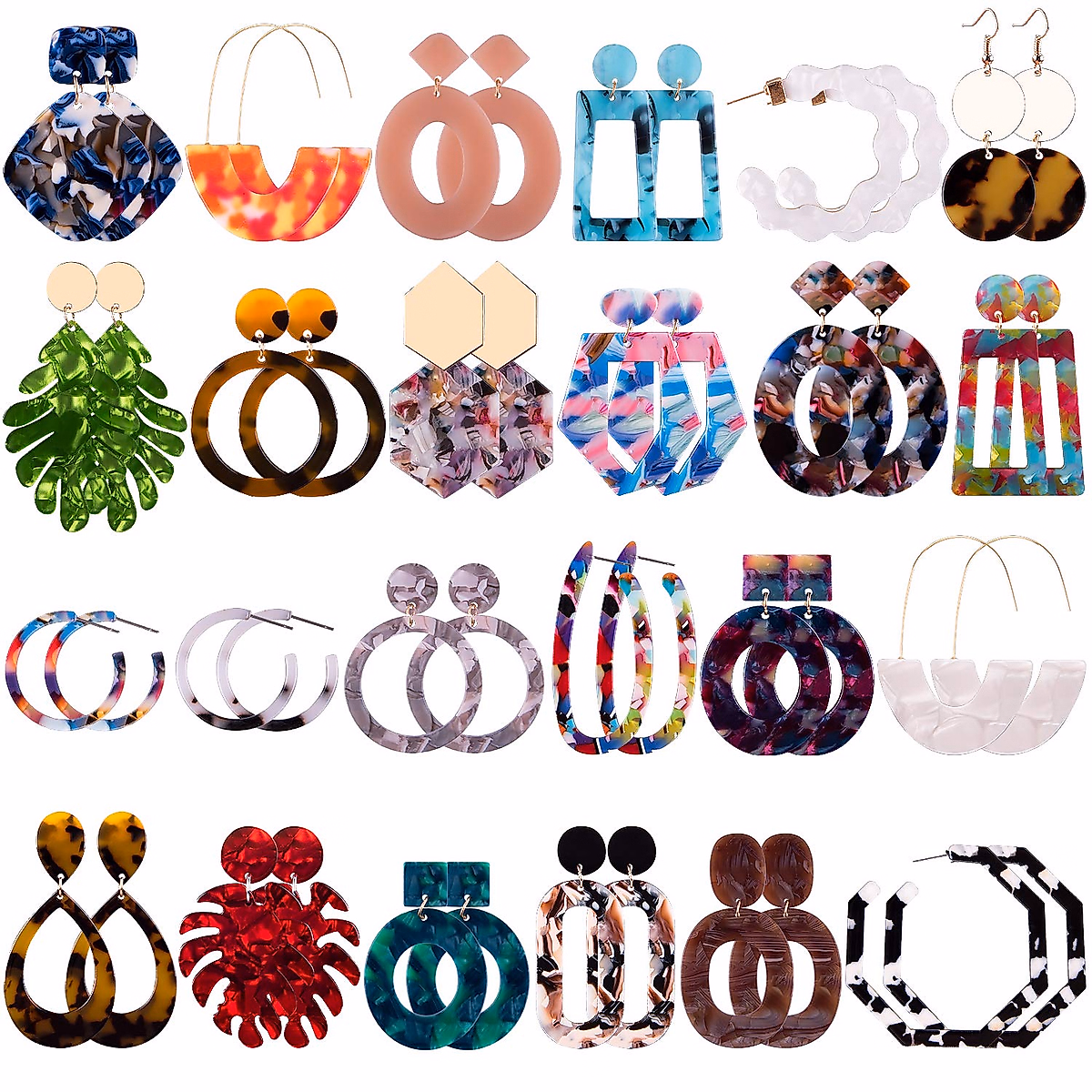 Duufin 24 Pairs Mottled Acrylic Earrings Resin Drop Dangle Earring Hoop Statement Earrings Polygonal Bohemian Fashion Jewelry Earrings for Women