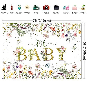 Wollmix Baby Shower Backdrop Decorations for Girl Oh Baby Banner Sign Pink Floral Flowers Butterfly Gold Dots Photography Background Newborn Party Decor Photo Booth Props Supplies Studio 7x5ft