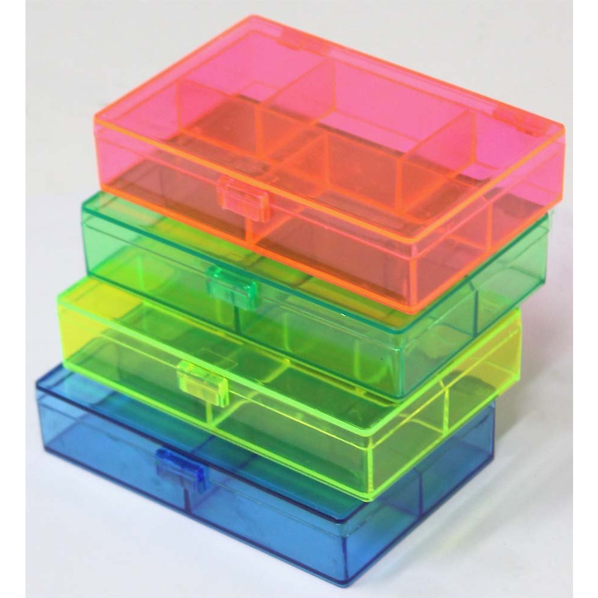 BIN BUDDY Set of 4 | Colored Transparent Plastic Boxes | 4.5" (11.4 cm) x 3" (7.6 cm) x 1" (2.5 cm) | Hinged Lids, 5 Internal Sections | For Crafts, Sewing
