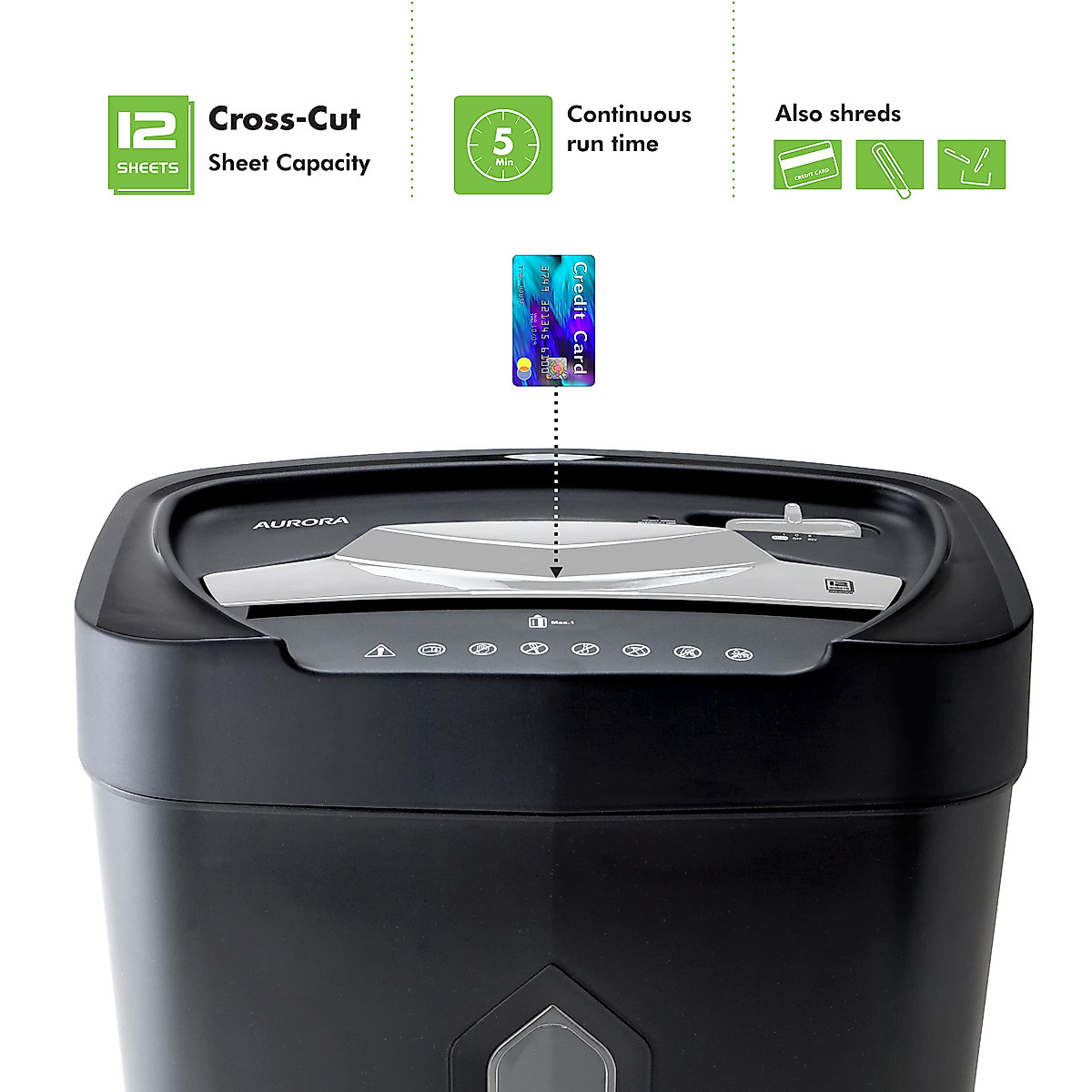 Aurora Anti-Jam 12-Sheet Crosscut Paper and Credit Card Shredder with 5.2-Gallon Wastebasket